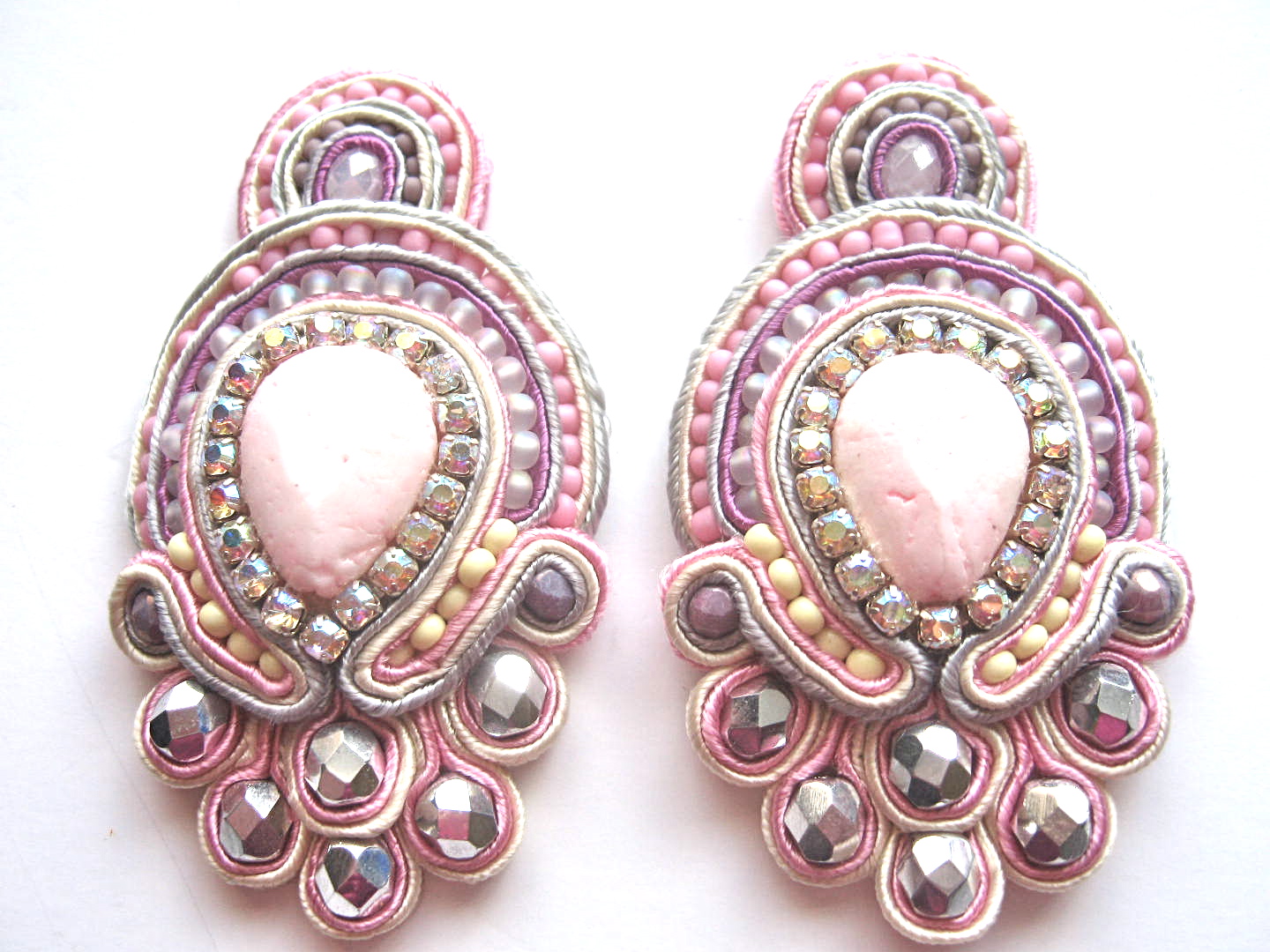 Marshmallow Pastel Soutache Earrings In Pink, Cream And Silver With Ab ...